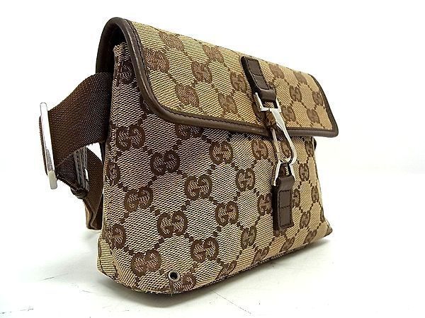 1円 GUCCI グッチ 92543 GGキャンバス×レザー ボディバッグ ウエストバッグ ウエストポーチ ベージュ×ブラウン系 ...