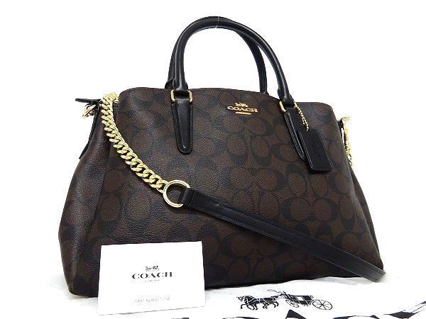 1円 極 COACH コーチ ロゴ F29683 シグネチャー PVC×レザー ゴールド金具 2WAY ハンドバッグ ショルダー ブラウン系 ...