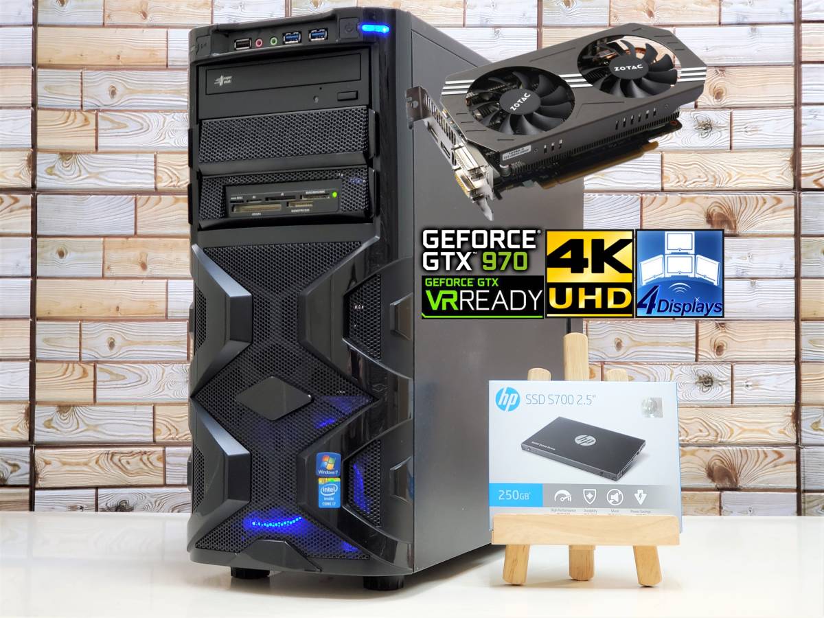 SSD250GB + 1TB / 16GB / 最速 Core i7 4790 4.0GHz / ZOTAC GTX970 / 4K 4画面 / USB3.0x6 / VR ゲーミングPC ...