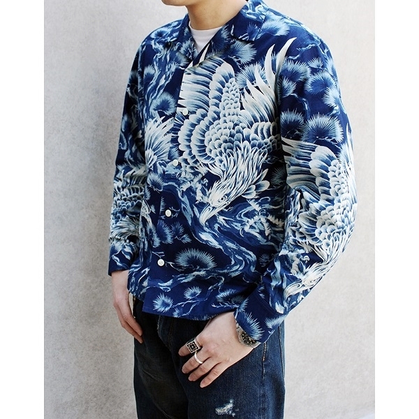 定価28080円 CALEE キャリーL/S ORIENTAL PATTERN INDIGO HAWAIIAN SHIRT 和柄 アロハシャツ インディゴブルー M 総柄 長袖(アロハシャツ ...