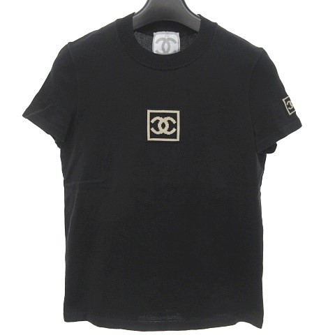シャネル CHANEL スポーツライン 03年 ココマーク コットン ニット カットソー B2249 半袖 黒 ブラック 40 約M ECR ...