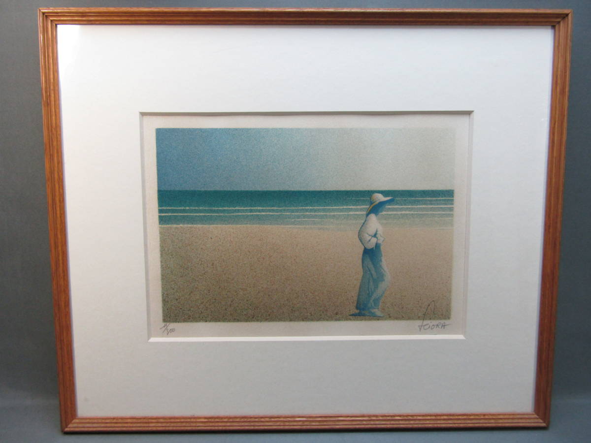 リトグラフ シルクスクリーン 海辺 浜辺 女性 11/300 ダニエルスキオラ DANIEL SCIORA 額装 57×47㎝(石版画 ...