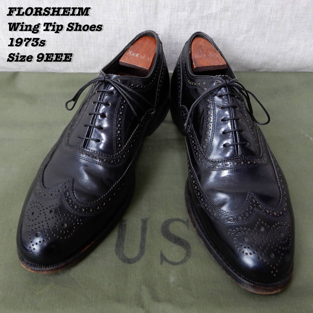 FLORSHEIM Wing Tip Shoes 1973s Size9EEE Black Vintage フローシャイム ショートウィング ...