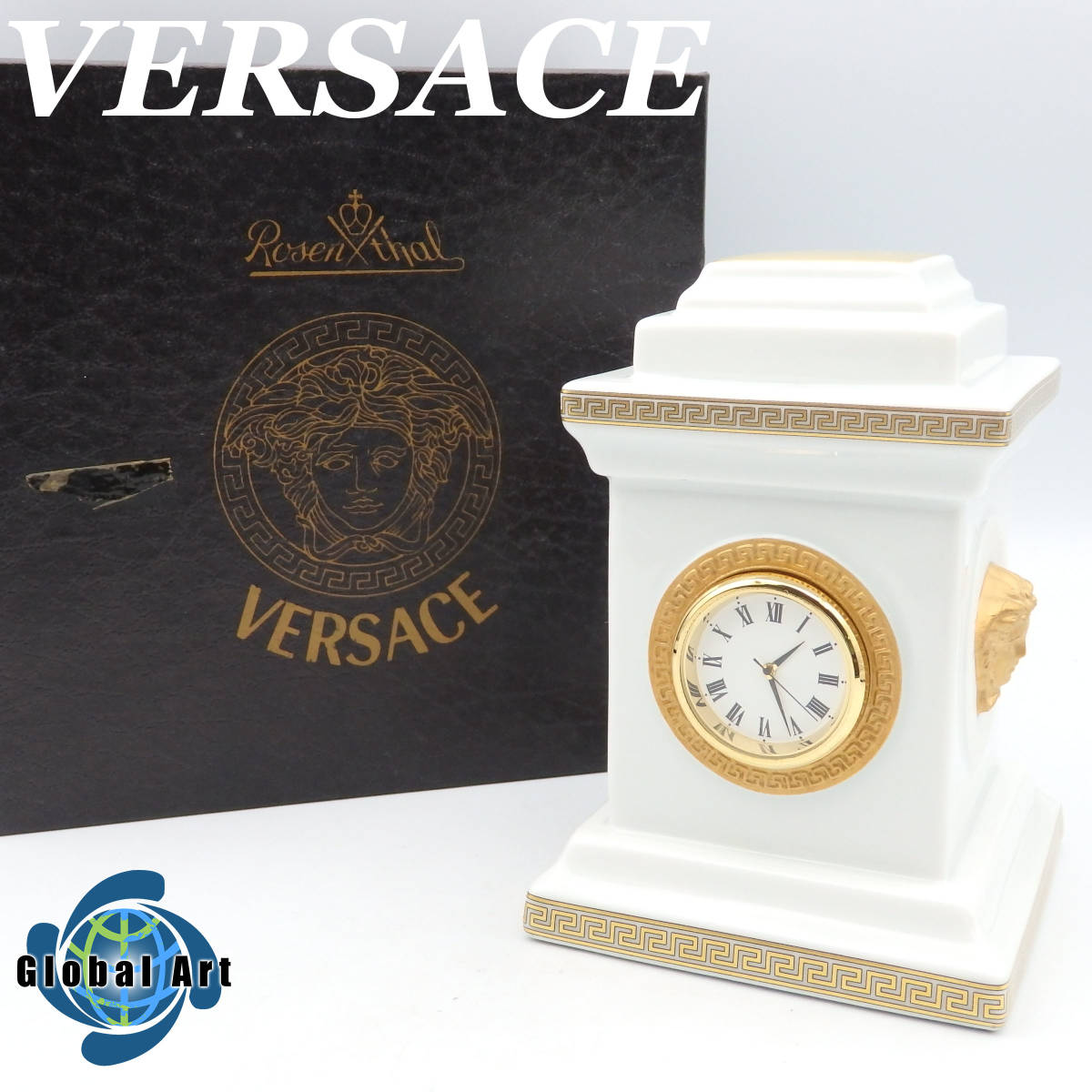 い09109 VERSACE ヴェルサーチ/ローゼンタール/クオーツ/置時計/金彩/ローマン/文字盤 ホワイト/箱 付属品付(ヴェルサーチ ...