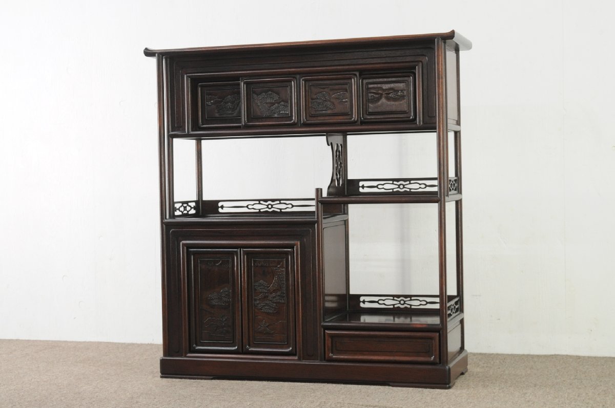 紫檀 無垢材 違い棚 松雲彫刻 透彫 唐木 飾り棚 幅101cm 煎茶道具 茶棚 神奈川発 9-C101/1/C1(飾り棚)｜売買されたオークション情報、yahooの商品情報をアーカイブ公開 ...