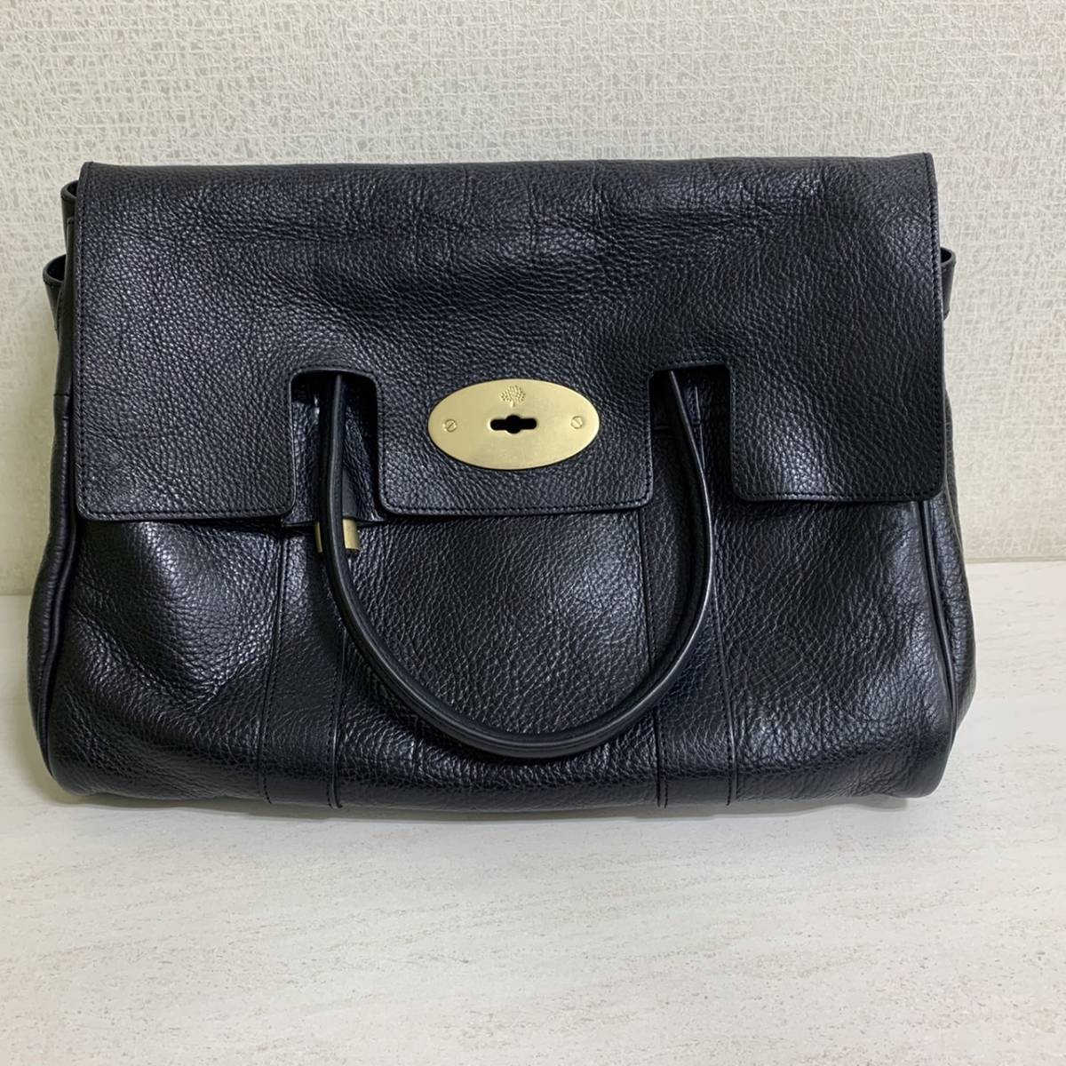 IK-17883 MULBERRY マルベリー レザー ハンドバッグ 黒 革 ベイズウォーター カーフ トート ターンロック 保管品 現状品渡 ...