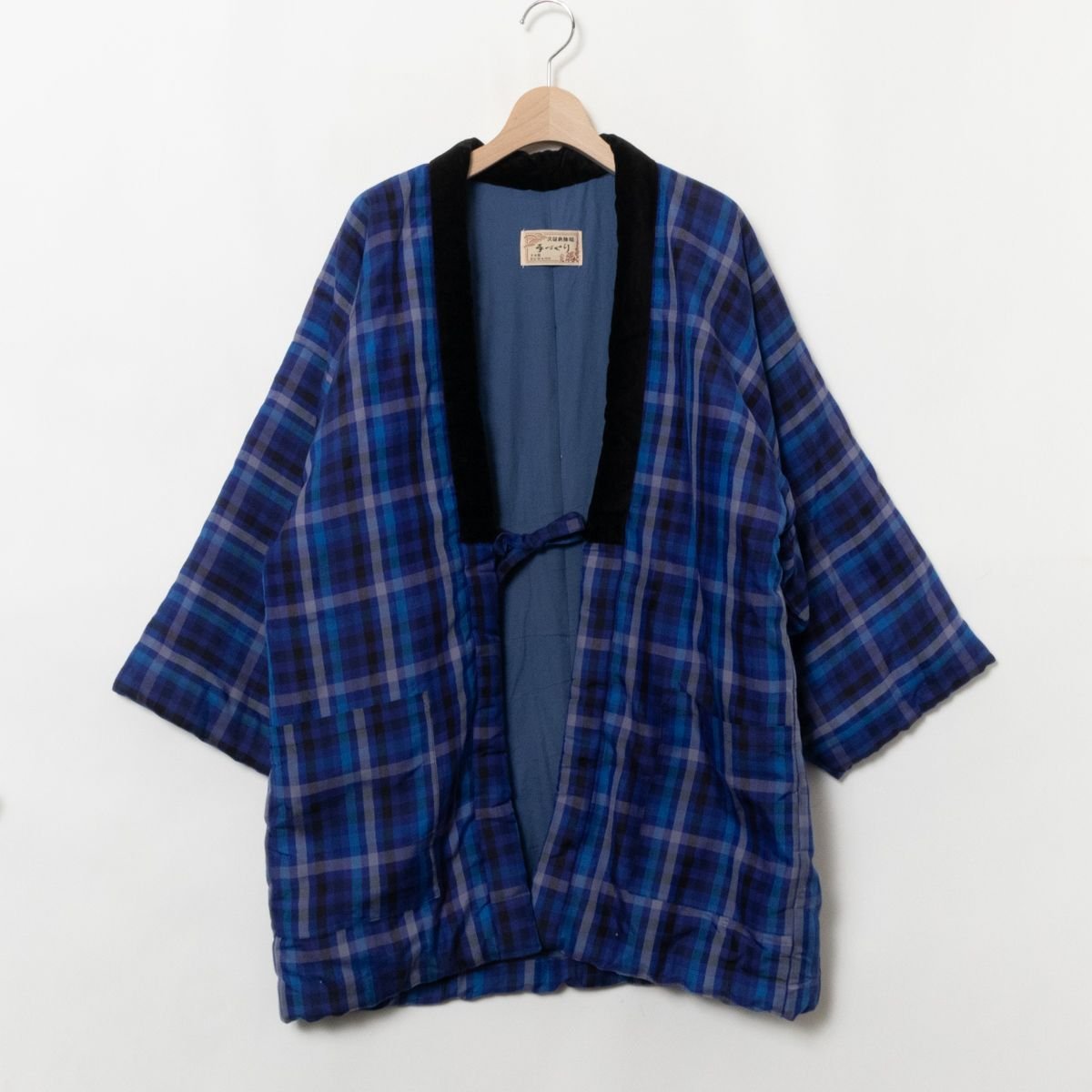 久留米絆纏 桑野 KUWANO 半纏 はんてん チェック アウター 羽織り 上着 アクリル 綿100％ 青 防寒 婦人服 紳士服 カジュアル ...