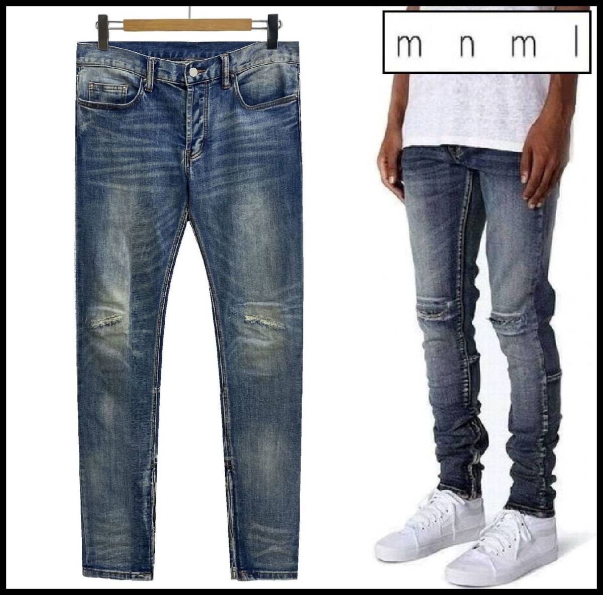 mnml ミニマル STRETCH DENIM ウォッシュ ダメージ リペア 加工 裾ジップ ストレッチ スキニー スリム デニム パンツ 32 FOG(W32～)｜売買されたオークション情報 ...
