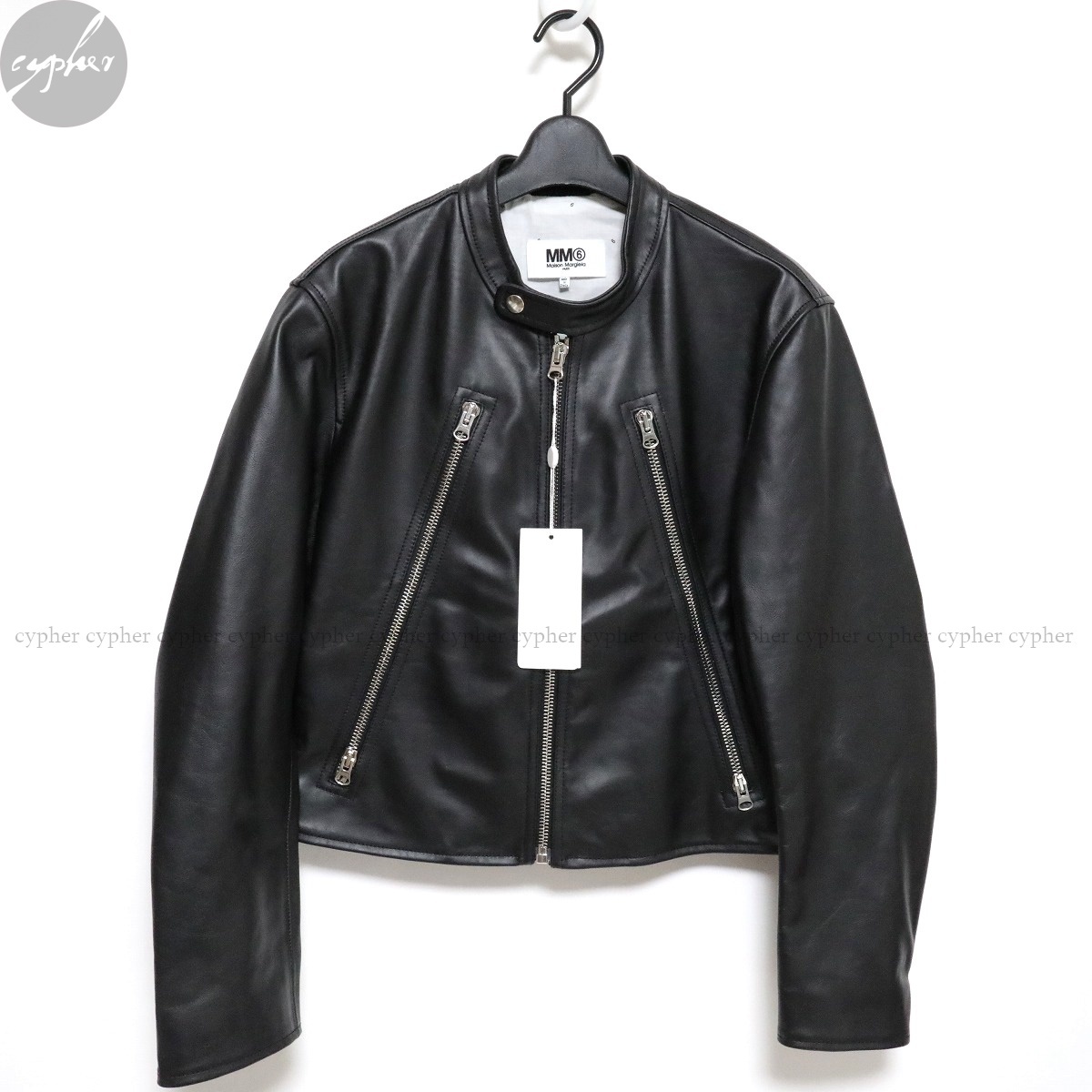 44 22SS MM6 Maison Margiela ハの字 レザー ライダース ジャケット ブラック エムエムシックス メゾン マルジェラ 八の字 黒 5ZIP(ジャンパー、ブルゾン ...