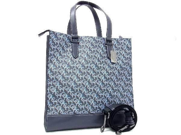 1円 COACH コーチ CE749 PVC×レザー 総柄 2WAY トートバッグ ショルダー メンズ ライトブルー系 AU0790(トート ...