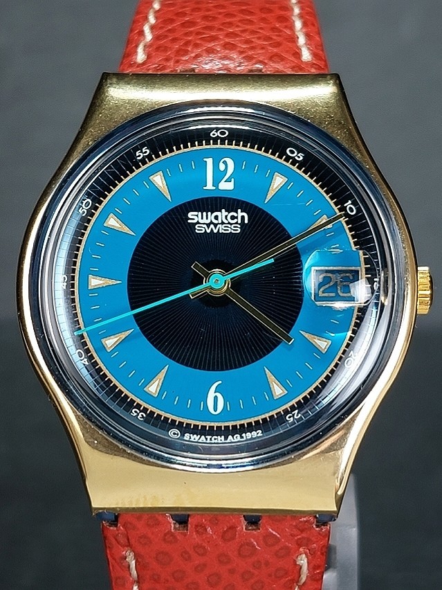 SWATCH スウォッチ BACHELOR バチェラー GX410 アナログ クォーツ 腕時計 ブルー文字盤 ゴールド レッド レザーベルト 電池交換済み(SWATCH)｜売買された ...