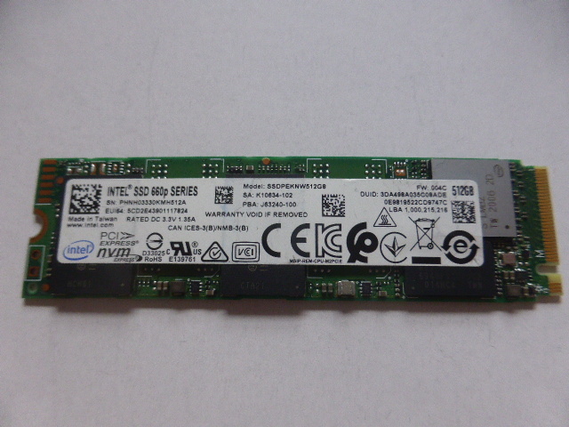 Intel SSD 660p SERIES M.2 NVMe Type2280 Gen 3.0x4 512GB 電源投入回数406回 使用時間 ...