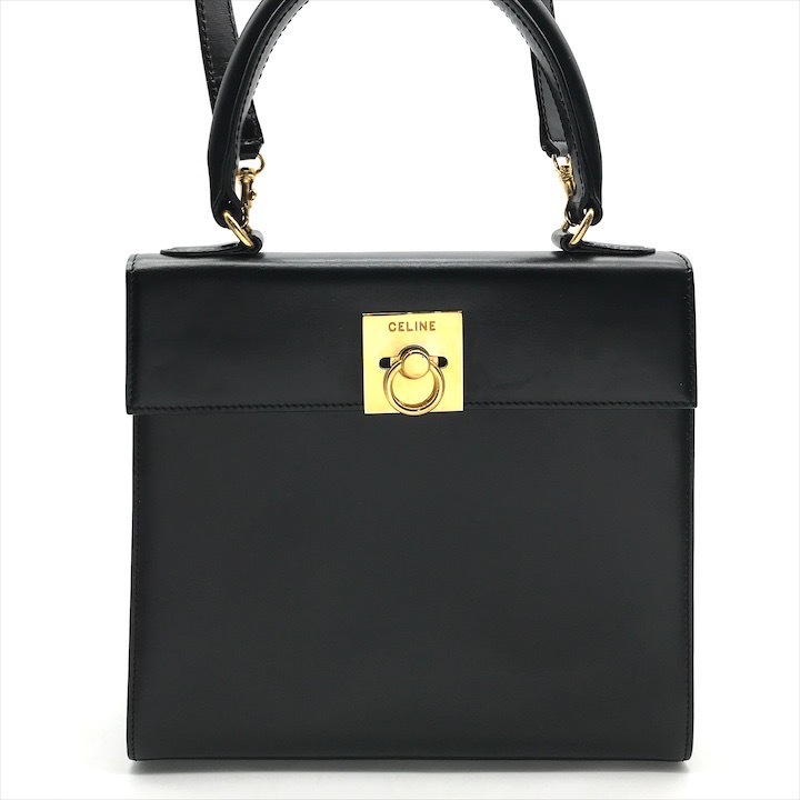 良品 CELINE セリーヌ ガンチーニ 2WAY トップ ハンドル レザー ハンド ショルダー バッグ ブラック レディース a5185 ...