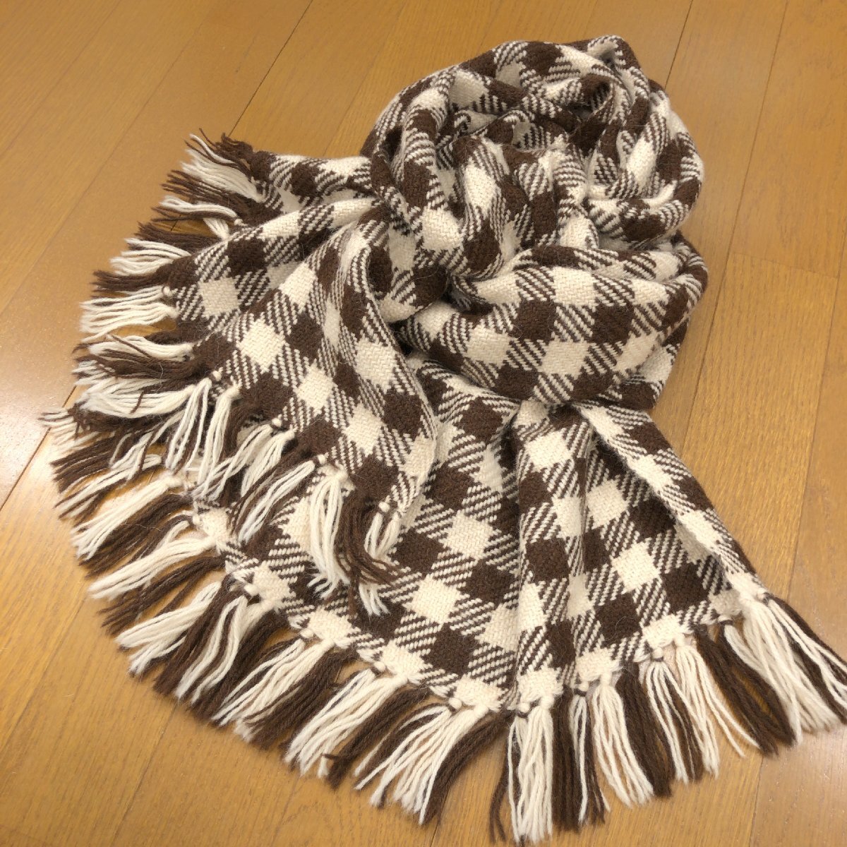 英国製 HELENA RUUTH ヘレナルース アルパカ100% ギンガムチェック フリンジ ニット ストール アイルランド製 ショール ...
