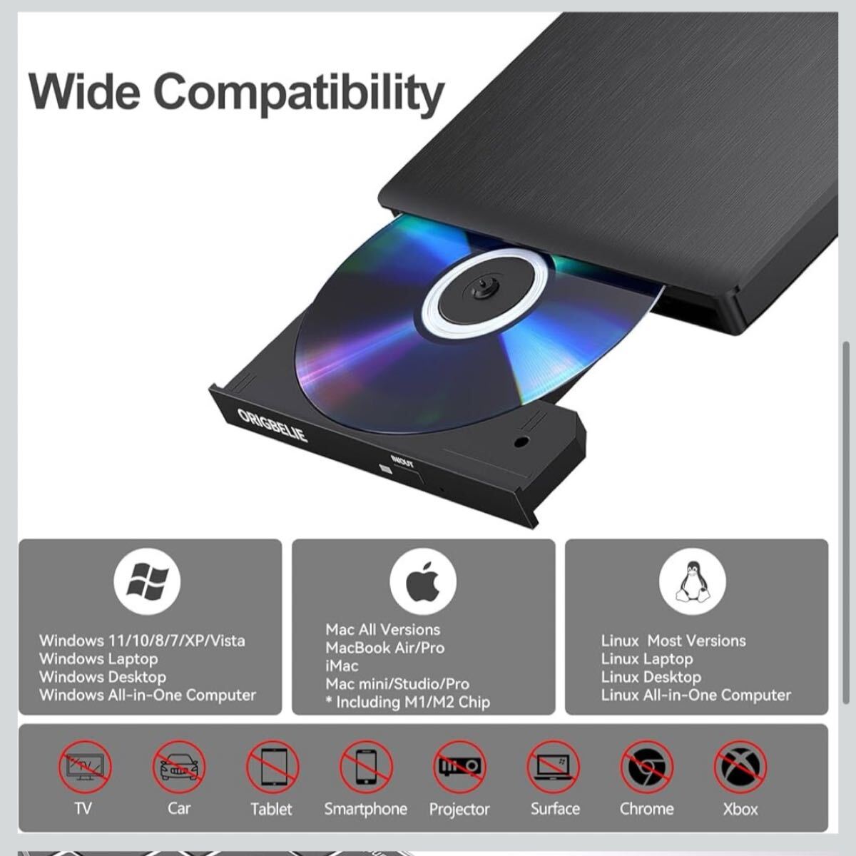 開封のみ ORIGBELIE External CD/DVD Drive for Laptop USB 3.0 CD Burner +/-RW CD ROM External DVD ドライブ ...