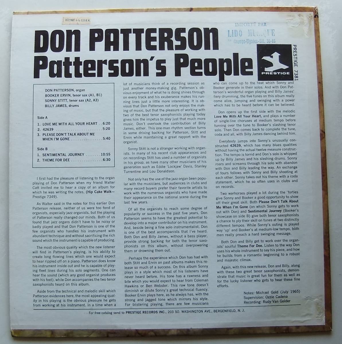 DON PATTERSON with SONNY STITT and BOOKER ERVIN / Patterson 's People Prestige PR 7381 blue:VAN ...