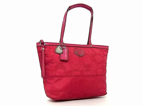 1円 COACH コーチ ロゴ F17668 シグネチャー ナイロン×パテントレザー ステッチ トートバッグ ショルダーバッグ ピンク系 ...