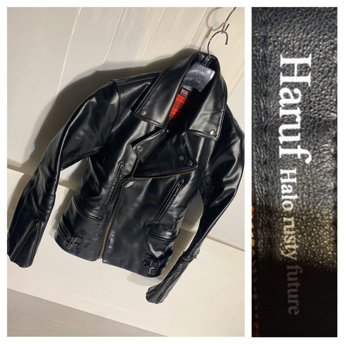 Haruf ハルフ Halo rusty future 新同 超美 馬革 ホースハイドレザー ロンジャン 赤チェック裏 ダブルライダース ...