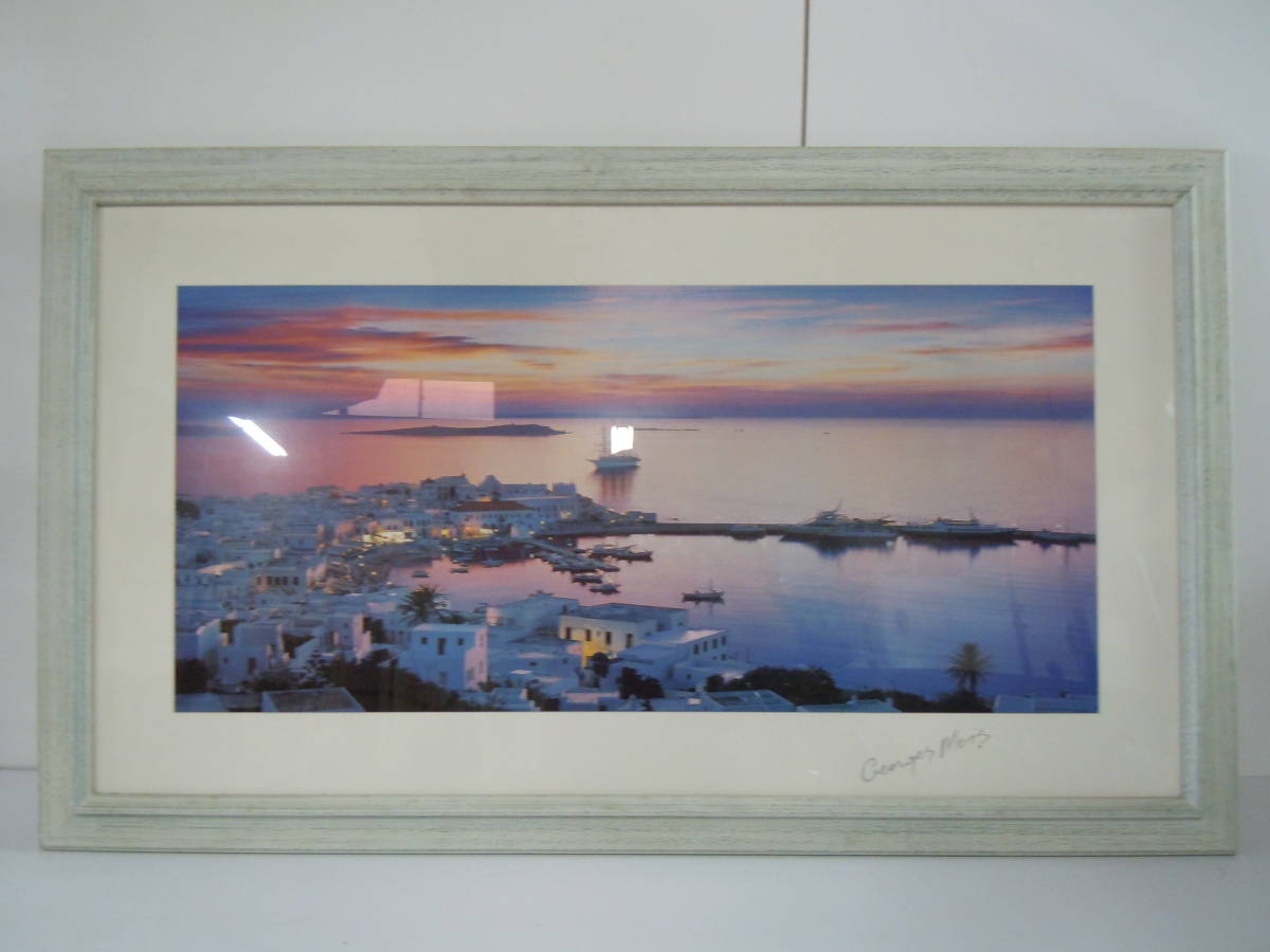浜/Georges Meis/ジョルジュ メイス/額装アートポスター/複製/額109×64×2 約cm /ギリシャ/風景/夕暮れ/港/直接取引 ...