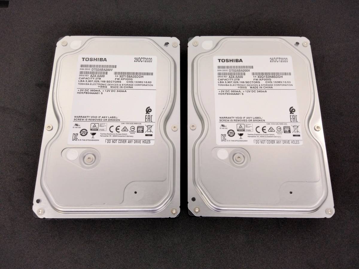 2TB×2 計4TB 東芝 DT02ABA200V 使用時間：38h&20h 3.5インチ内蔵HDD SATA600/5400rpm ...