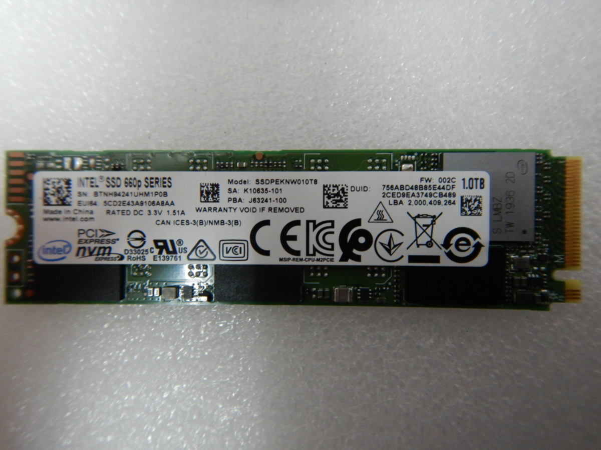 サイコム Intel SSD 660p Series 1TB SSDPEKNW010T8 M.2 SSD/1TB @Used@ BULK ...