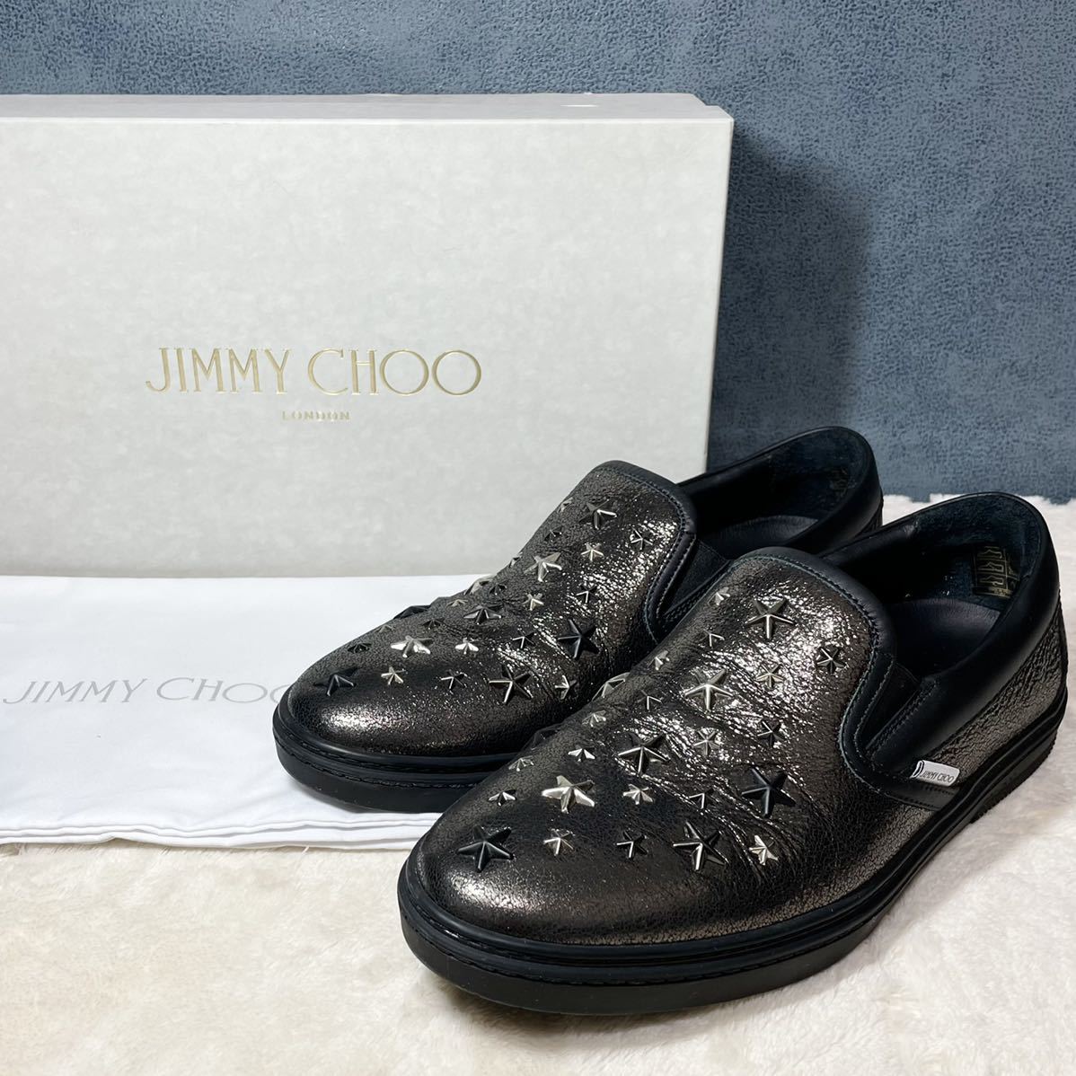 箱付き JIMMY CHOO ジミーチュウ GROVE スニーカー ローカット スリッポン スタッズ スター ガンメタ サイズ42 27 ...