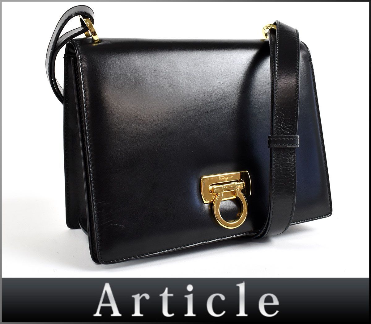 130813 Ferragamo フェラガモ ガンチーニ ショルダーバッグ 肩掛け DD21 7160 レザー 革 ブラック 黒 ゴールド金具 レディース/ B(かばん、バッグ)｜売買された ...