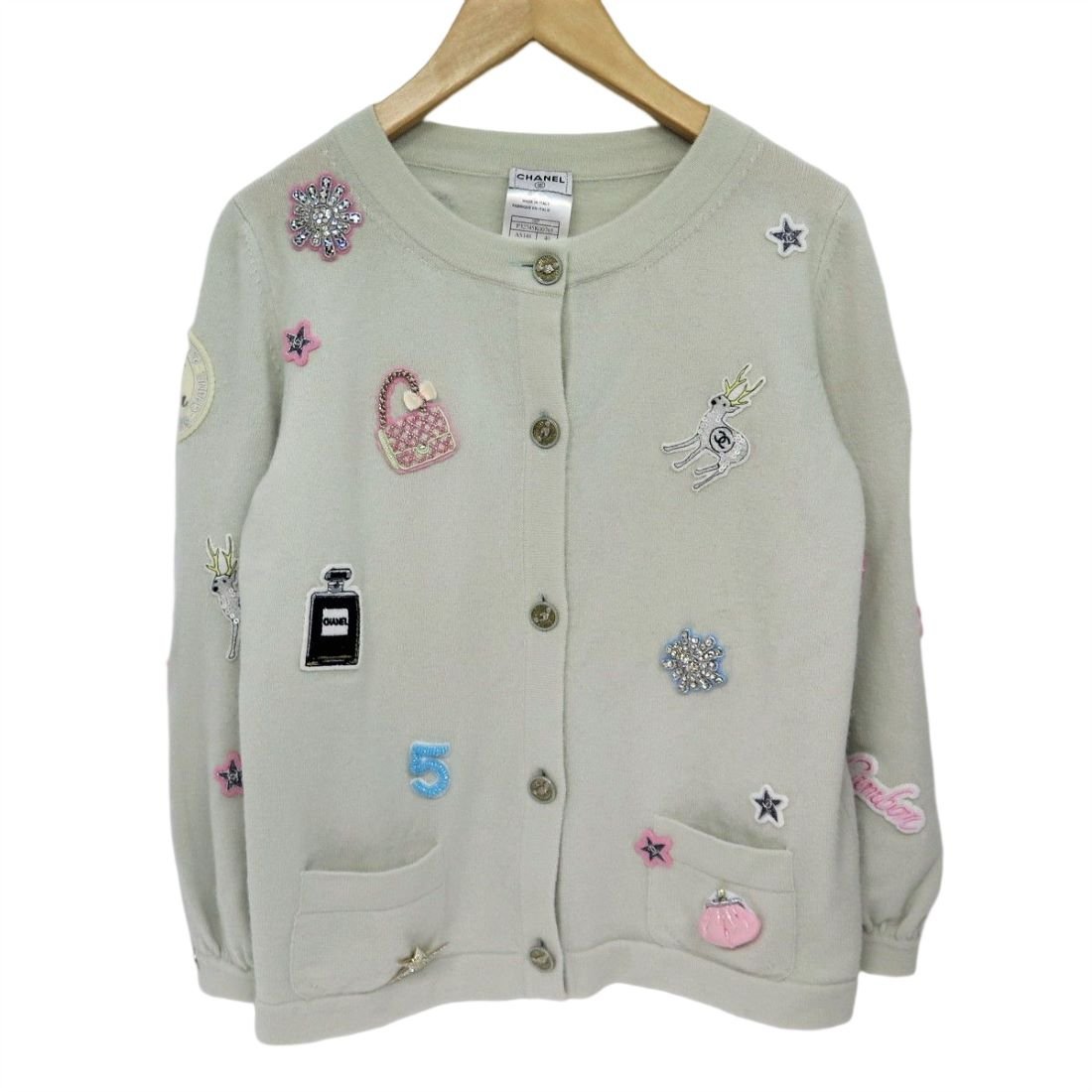 CHANEL シャネル 08P カーディガン サイズ40 カシミア100% ワッペン ビジュー ライトグリーン y157-1829436 Y ...