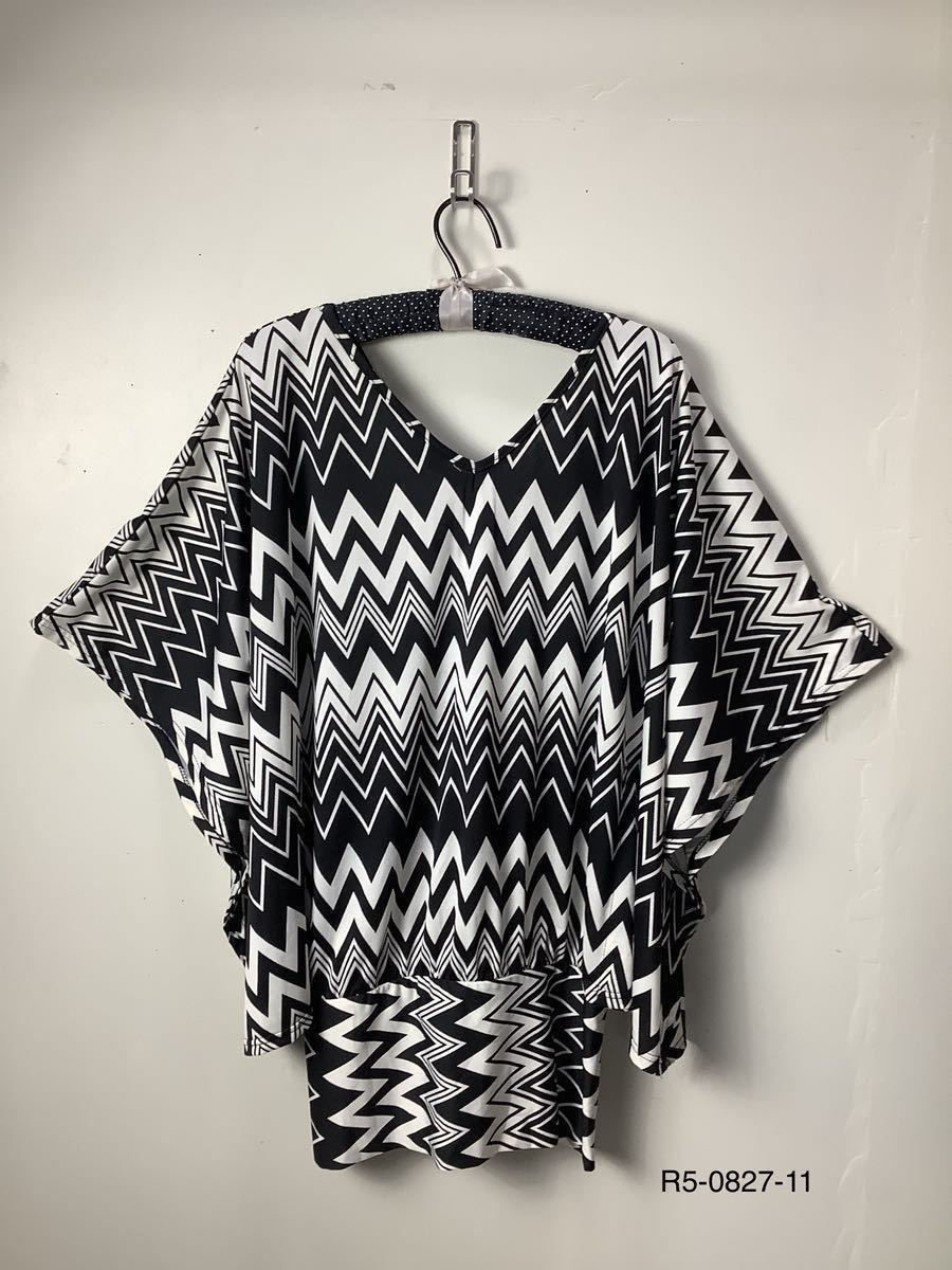 レディース SWEET ROUGE // 7分袖 モノトーン総柄 ストレッチ バタフライ チュニック 白×黒 サイズ M(Mサイズ)｜売買され ...