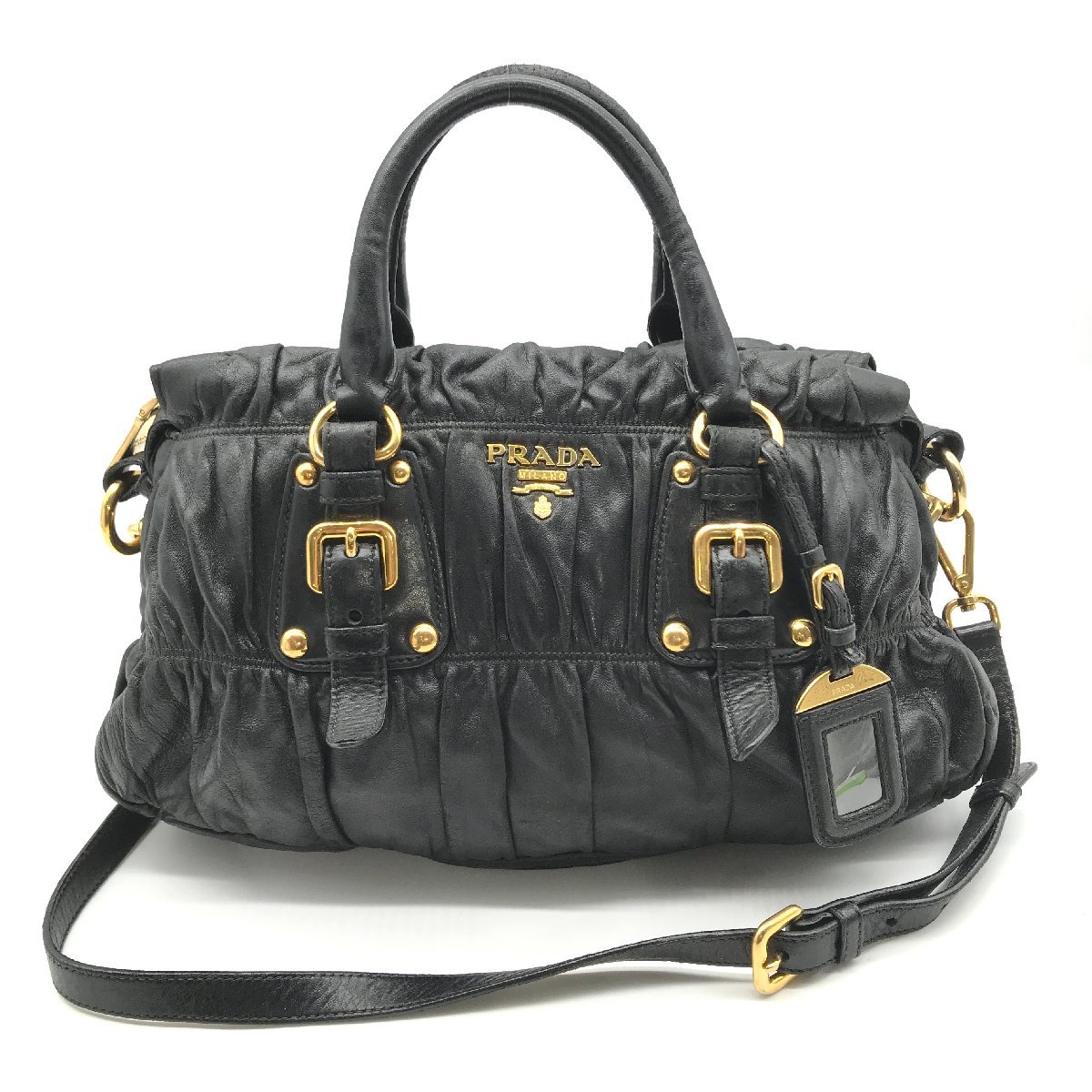 1円 良品 PRADA プラダ ギャザー ロゴ 2WAY レザー ハンド ショルダー バッグ ブラック A879(ショルダーバッグ)｜売買され ...