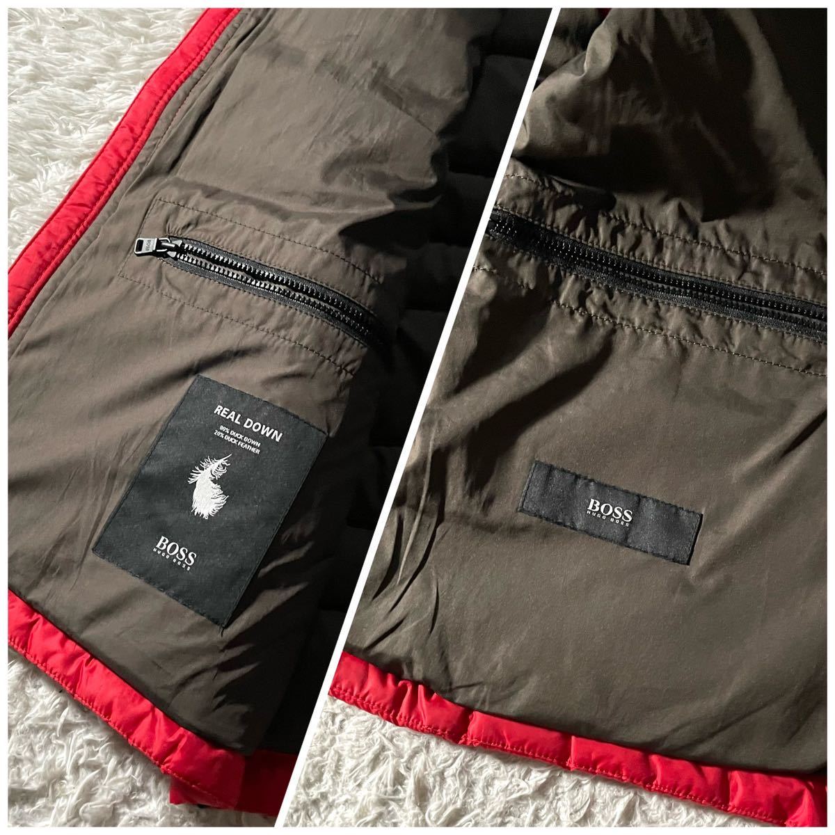 /Lサイズ ヒューゴ ボス リアル ダウンベスト ジャケット ジップ HUGO BOSS アウター 軽量 ロゴプレート レッド 赤 大谷翔平 ...