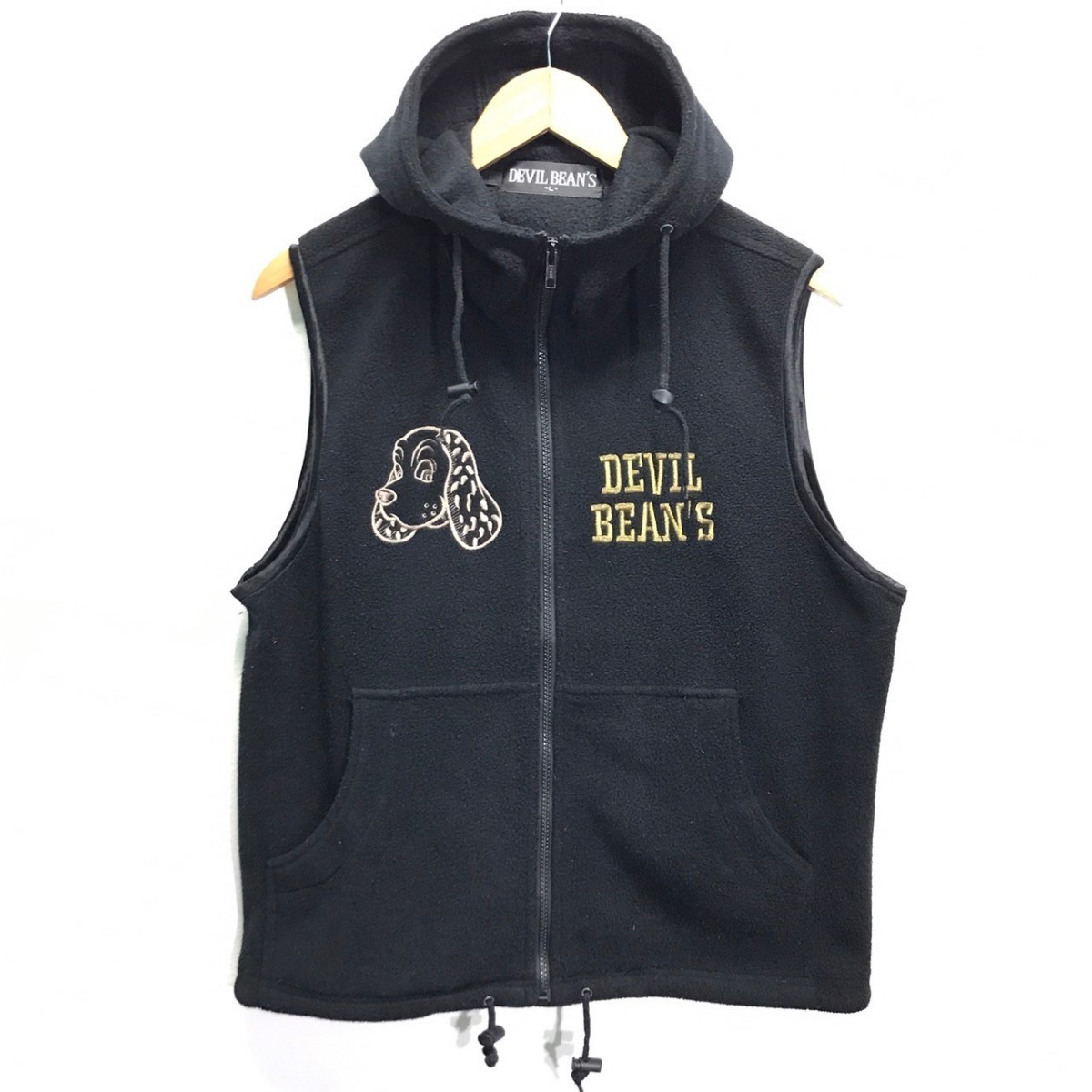 DEVIL BEAN'S デビルビーンズ フリースベスト フルジップ フード フーディー 高級 刺しゅう あったか 犬 ブラック メンズ L ...