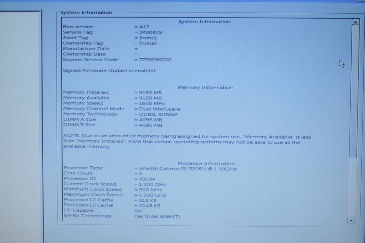 0207A 362 DELL Inspiron TTYFJA00 ノートパソコン Celeron 3205U 1.50GHz 8GB ...