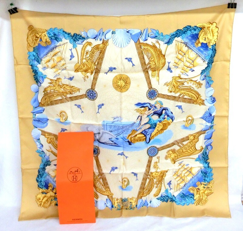 1000円スタート スカーフ HERMES エルメス PARIS カレ90 BALADE OCEANE MTGPSOA 帆船 海の散歩 シルク ...