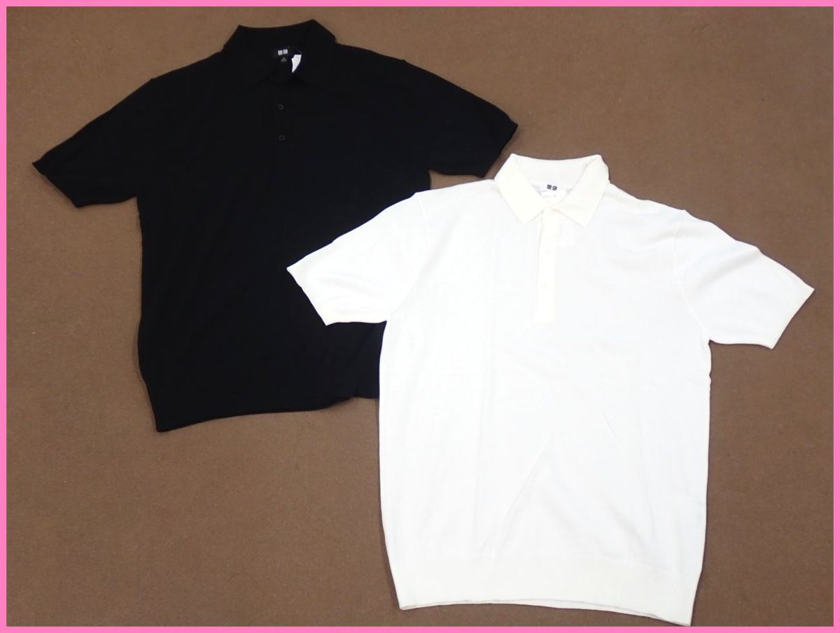 UNIQLO/ユニクロ 半袖ニットポロシャツ 2着セット メンズM/ブラック/オフホワイト/ウォッシャブル/408381/タグ付き ...