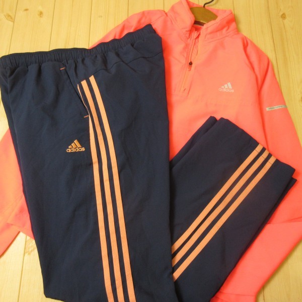 極 adidasアディダス 上下セット ウィンドブレーカー&ジャージ/CLIMALITE ランニング オレンジ/紺 レディースM/L ...