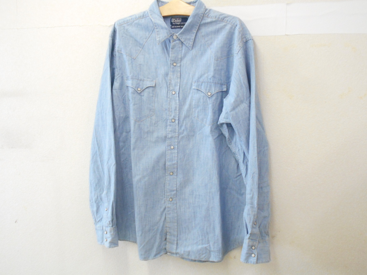 e799 Ralph Lauren NEW CLASSIC WESTERN 長袖シャツ 大きめサイズ タンガリー シャンブレー風 ラルフローレンウエスタンシャツ 古着 2B(XLサイズ以上 ...