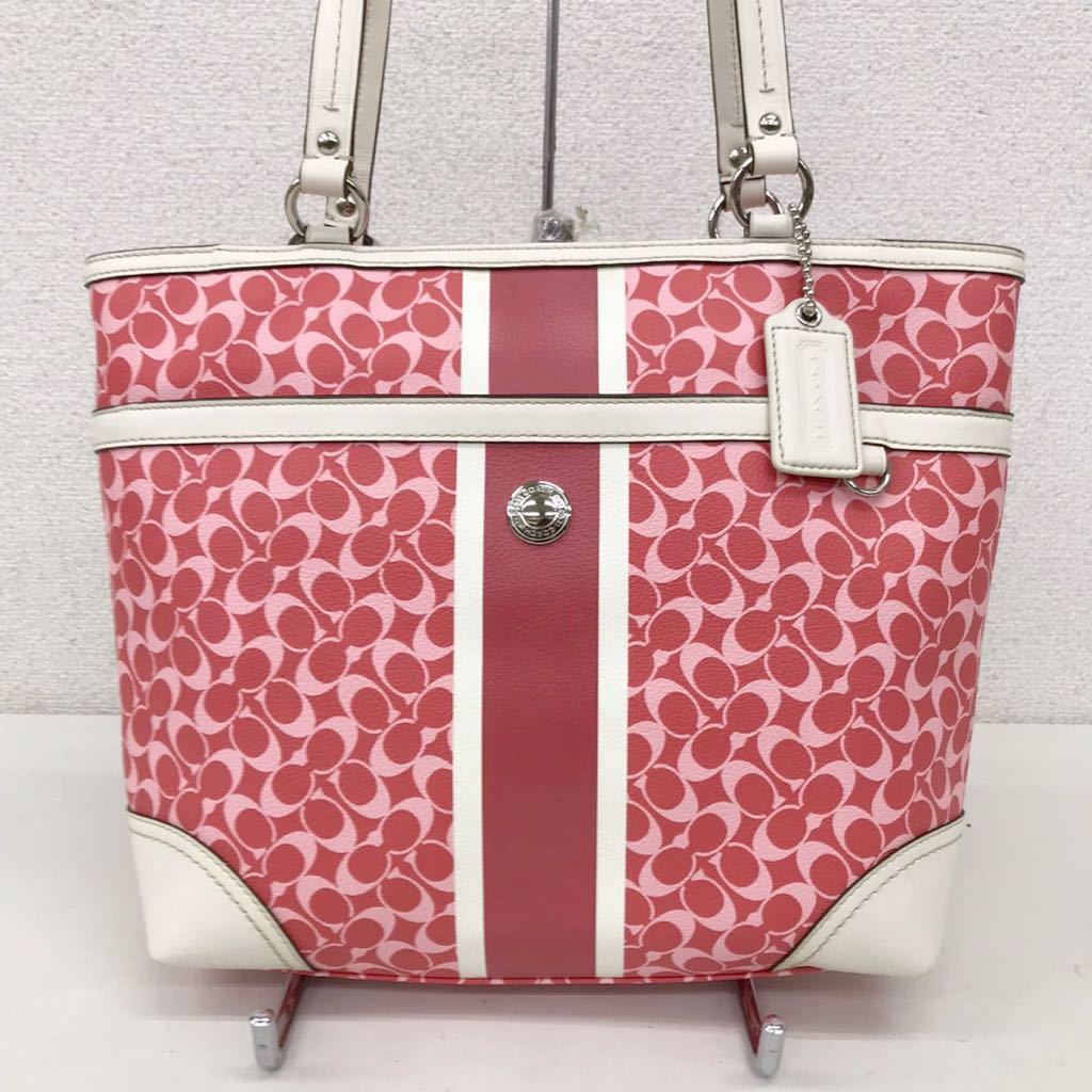 良品 COACH コーチ F15137 コーテッドヘリテージライトストライプ PVC×レザー トートバッグ ハンドバッグ ビジネスバッグ ワン ...