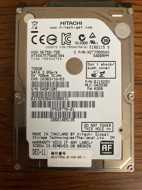 使用時間6477h HGST製HTS547575A9E384/750GB/2.5インチ/SATA №21(500GB～)｜売買された ...