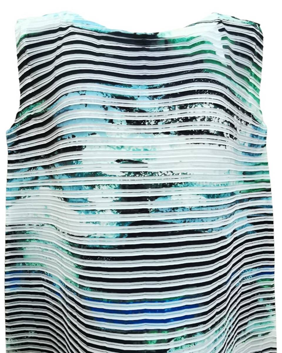 2018SS イッセイミヤケ ISSEY MIYAKE PLATE PLEATS バウンス ワンピース 横プリーツ 地層柄 ブルー系マルチ ...