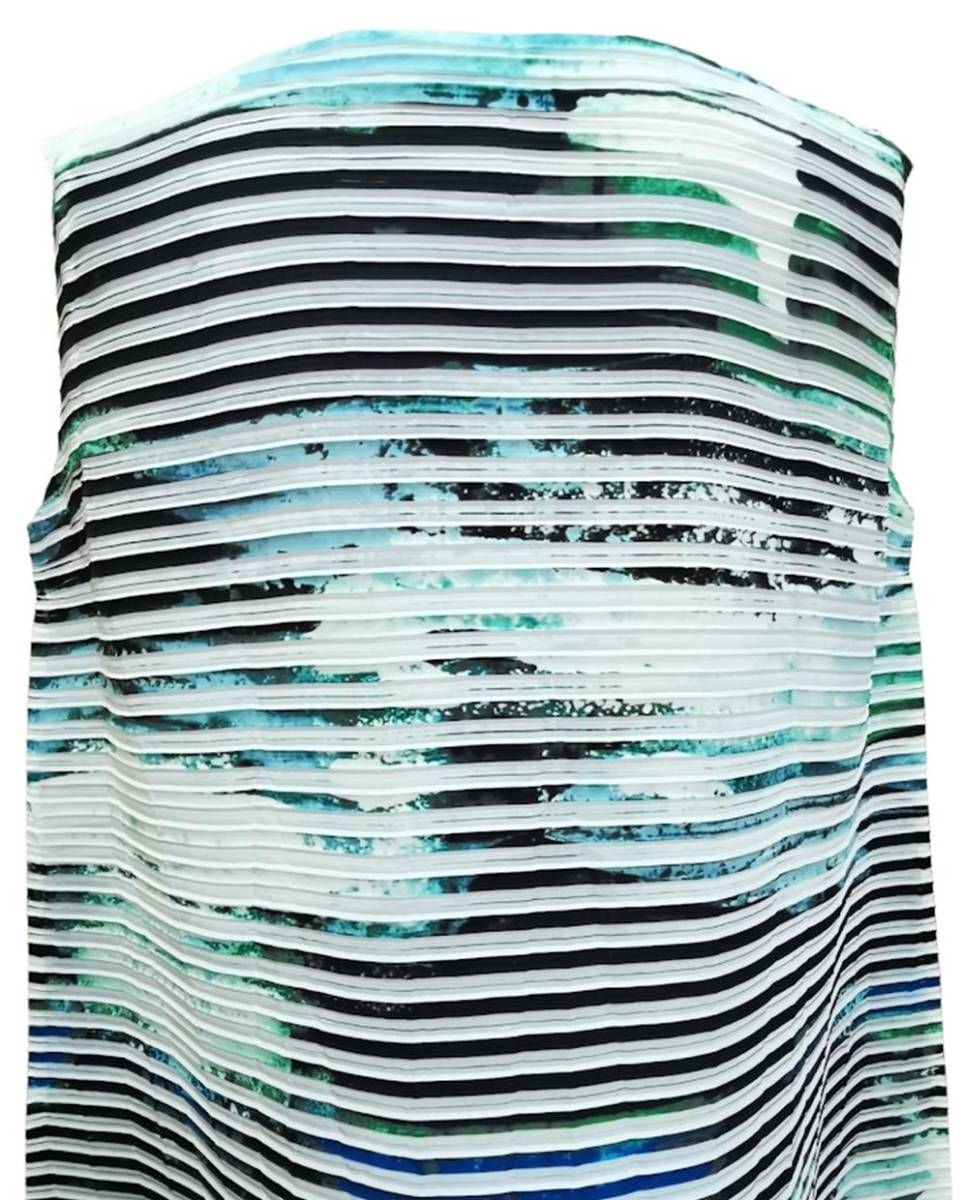 2018SS イッセイミヤケ ISSEY MIYAKE PLATE PLEATS バウンス ワンピース 横プリーツ 地層柄 ブルー系マルチ ...