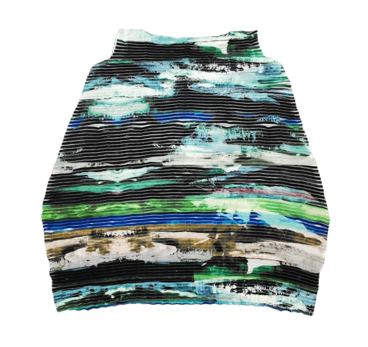 2018SS イッセイミヤケ ISSEY MIYAKE PLATE PLEATS バウンス ワンピース 横プリーツ 地層柄 ブルー系マルチ ...