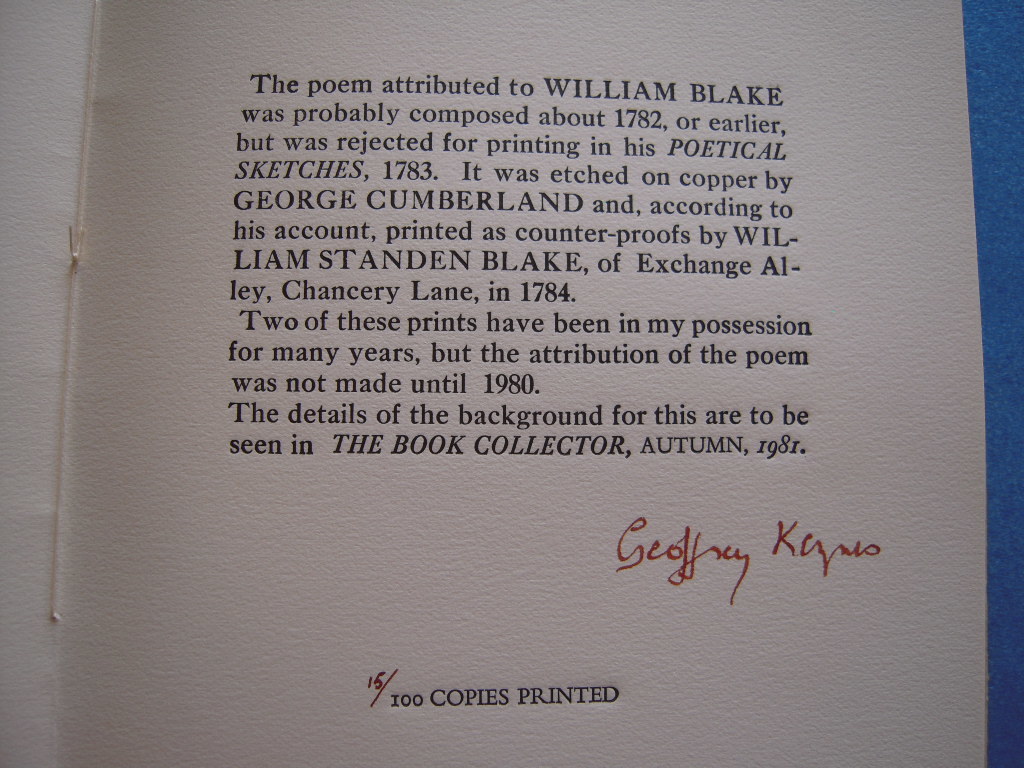 ウィリアム ブレイク詩 To the Nightingale ナイチンゲールに William Blake 限100 1981 ...