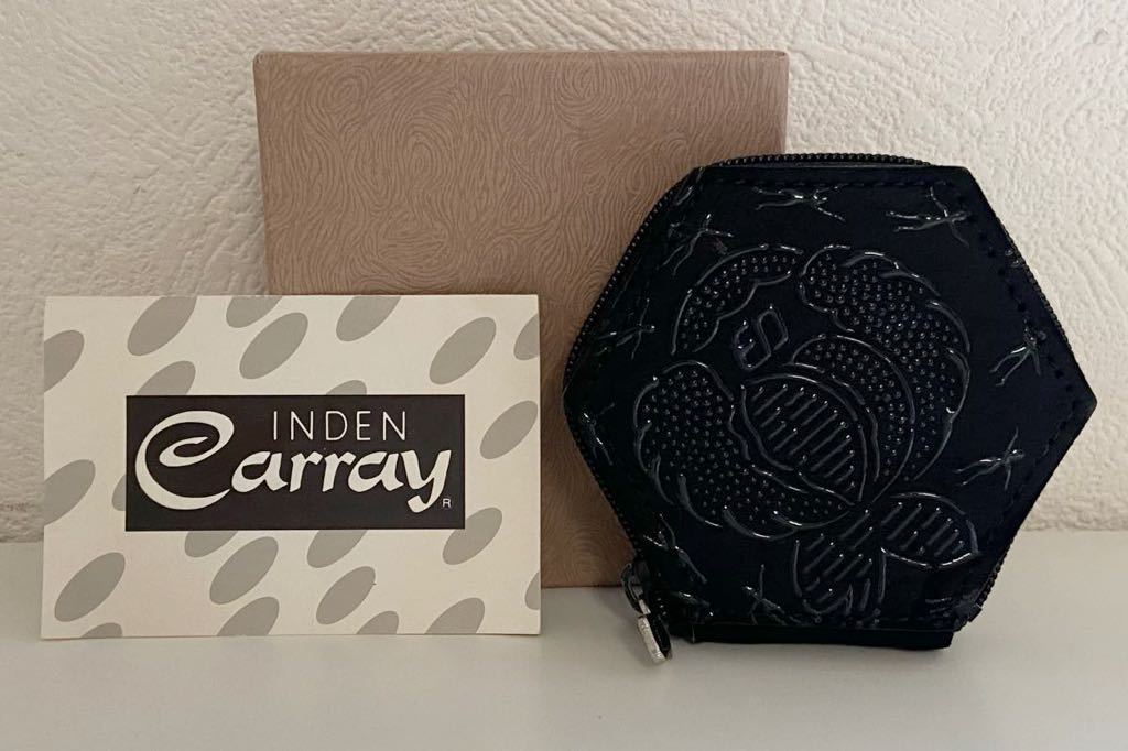 B3L021 インデンヤ INDEN-YA 印傳屋 鹿革×漆 ブラック色 キャレー Carray 総柄 ラウンドファスナー開閉 小銭入れ ...