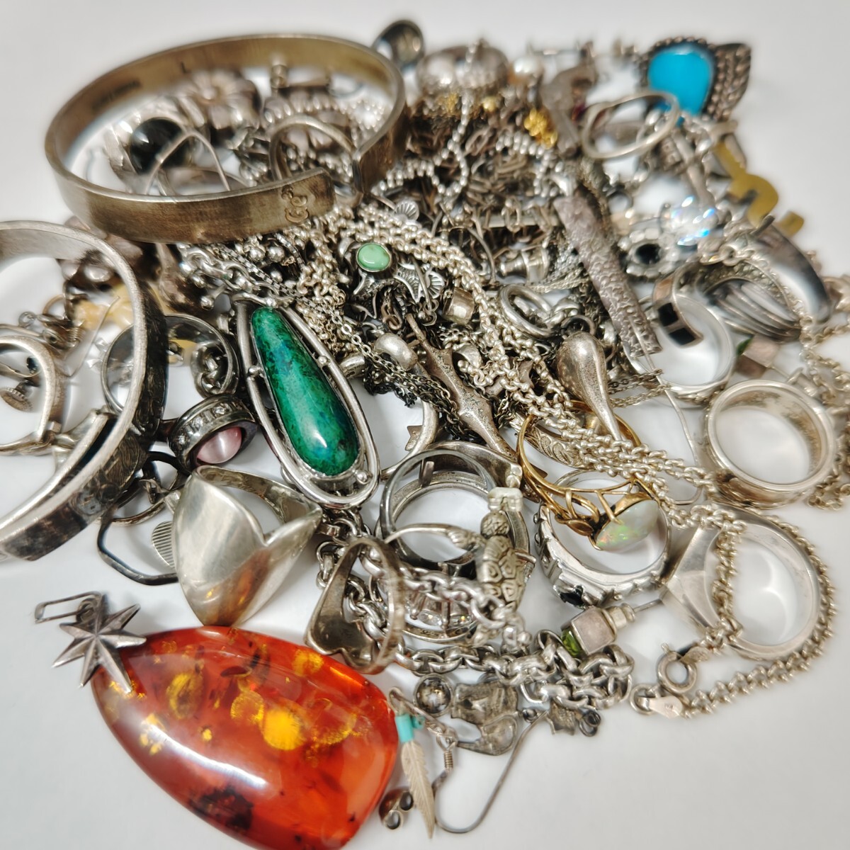 C032821 シルバー 総重量 約385g Silver 925 シルバー 琥珀 ターコイズ マーカサイト 指輪 アクセサリー ネックレス パール SV まとめ(シルバー)｜売買された ...