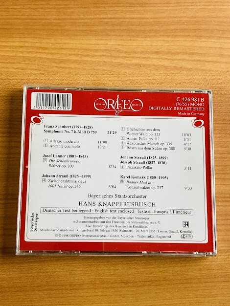 DC1333 CD LIVE/MONO/ORFEO D'OR/IMPORTED/HANS KNAPPERTSBUSCH/SCHUBERT SYMPHONY NO.7 ETC ...