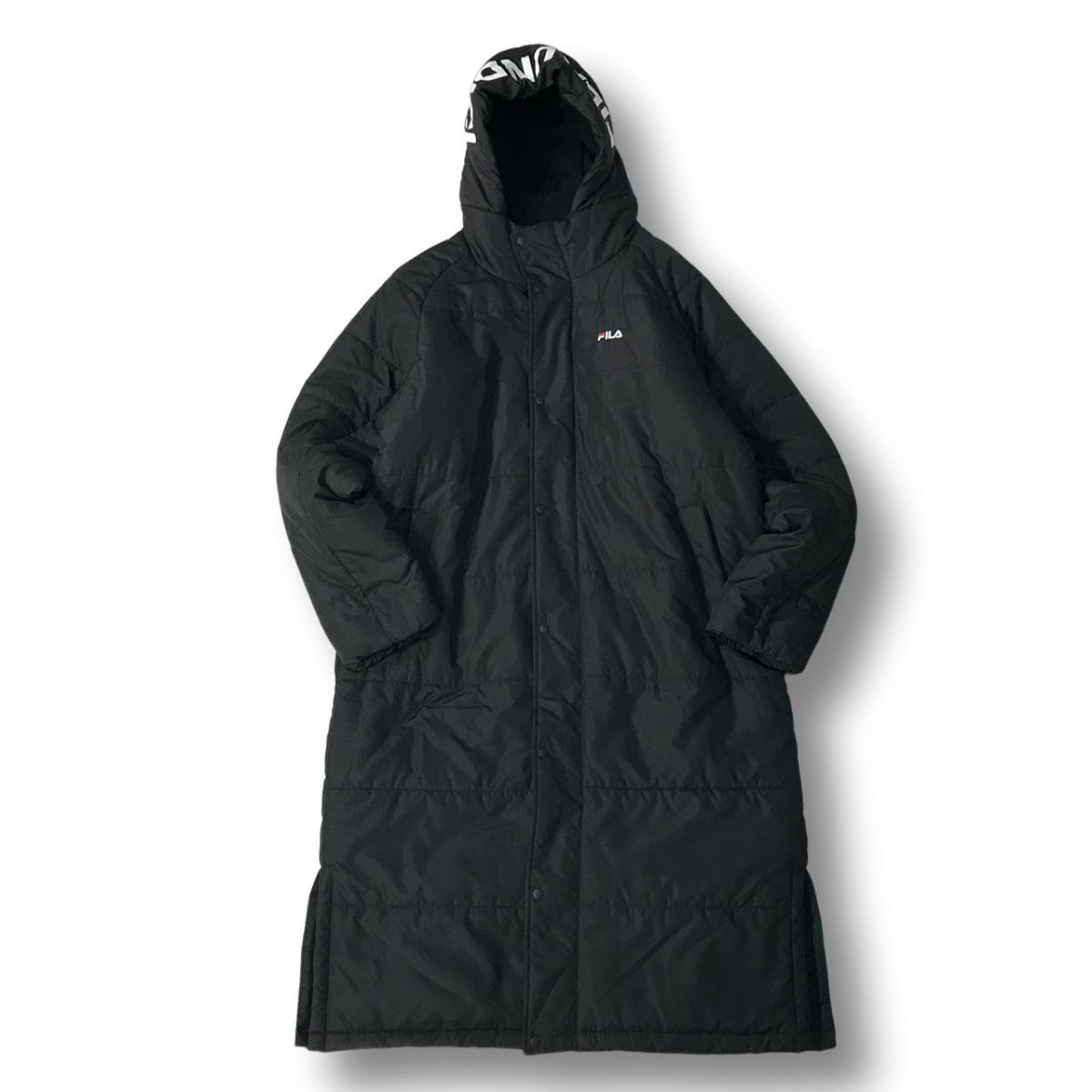 良品 FILA フィラ 中綿 ワンポイント フーデット ロングベンチコート ブラック サイズ0 MW3806 S80(男性用)｜売買されたオークション情報、yahooの商品情報をアーカイブ公開 ...