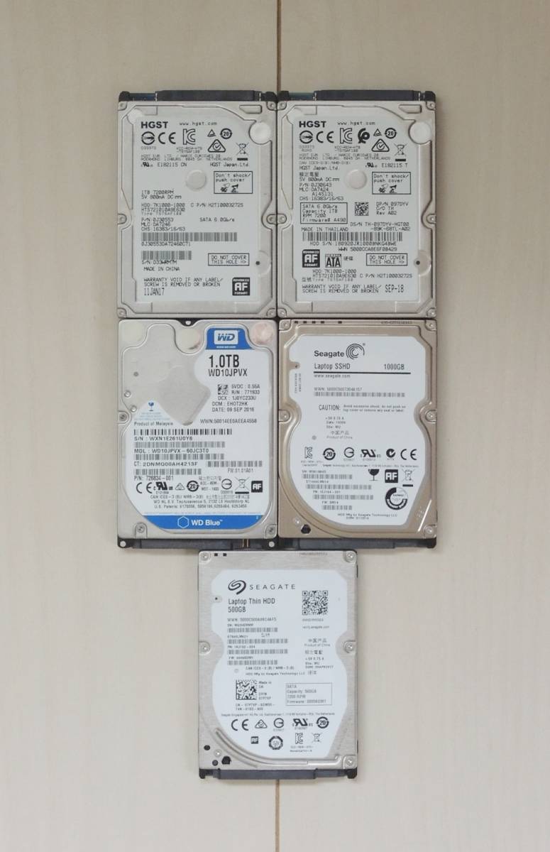 2.5インチ HDD/SSHD 5台セット 1台おまけ 品 フォーマット済 HGST製/1.0TB×2 WD製/1.0TB Seagate製 ...