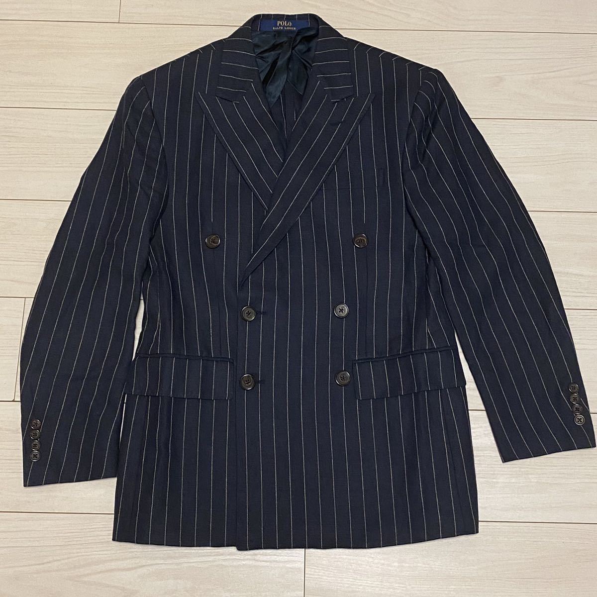 良品 POLO by Ralph Lauren ラルフローレン ダブル テーラード ジャケット ストライプ ネイビー系 ウール/麻 サイドベンツ 170(テーラードジャケット、ブレザー)｜売買 ...