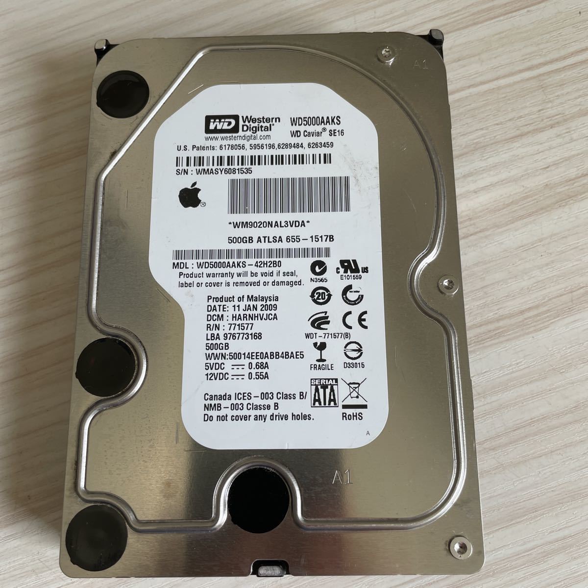A2343: /使用2062時間 APPLE HDD 500GB Western Digital WD5000AAKS-42H2B0 3.5 ...